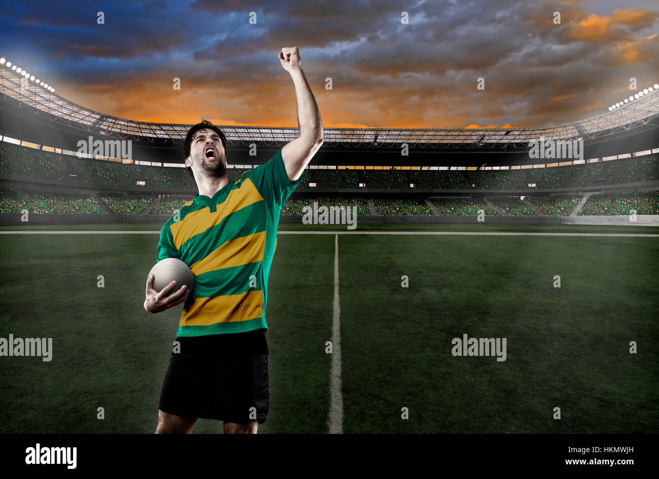 Rugby player in a green and gold uniform celebrating on a stadium Stock ...