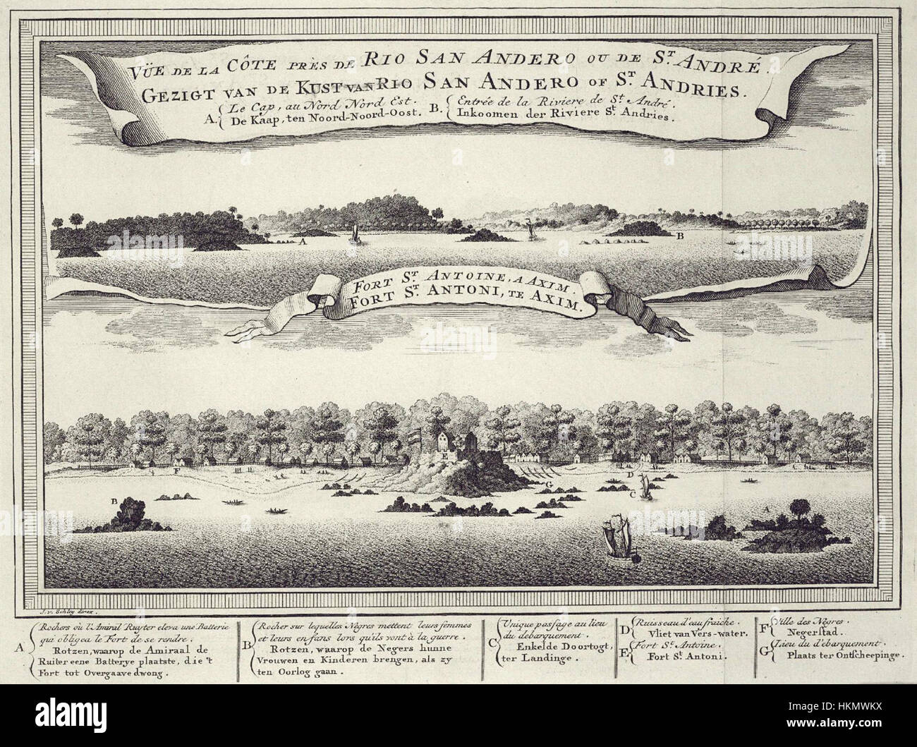 This artwork features a view of the St. Andries River and Fort St ...