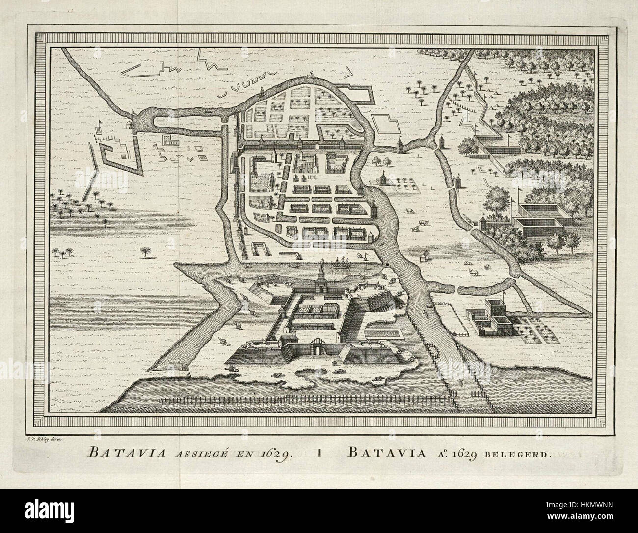 This detailed bird's-eye view map illustrates the siege of Batavia ...
