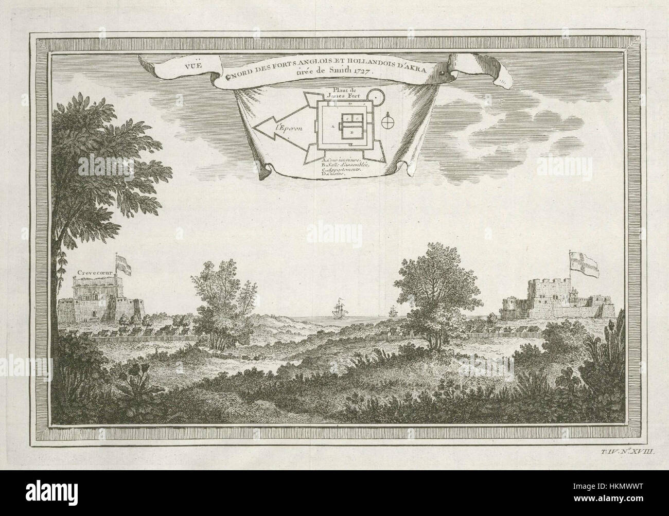 This artwork depicts the Dutch and British forts at Accra, Ghana, along ...
