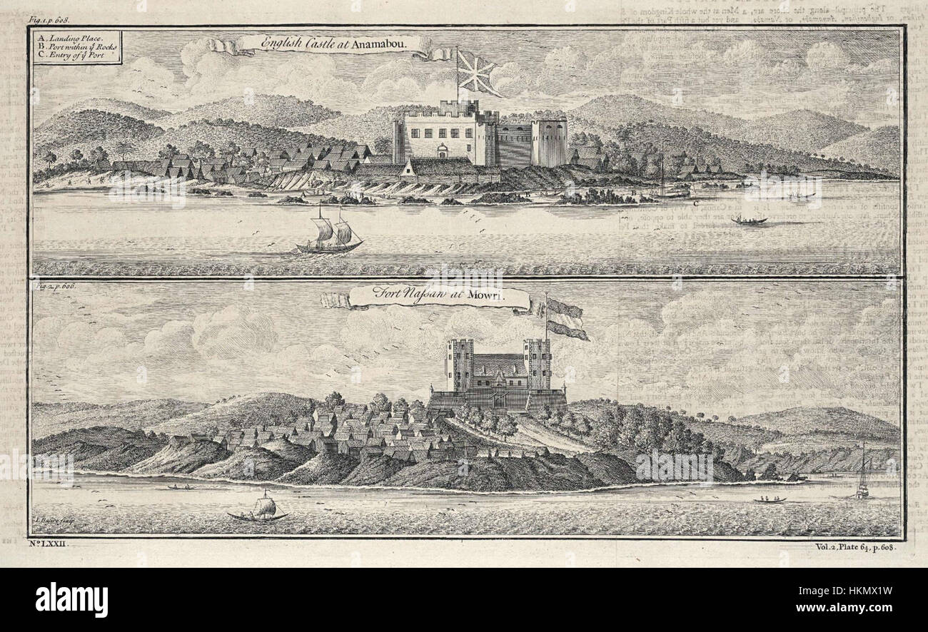 This historical painting depicts the English fort at Anamabou and Fort ...
