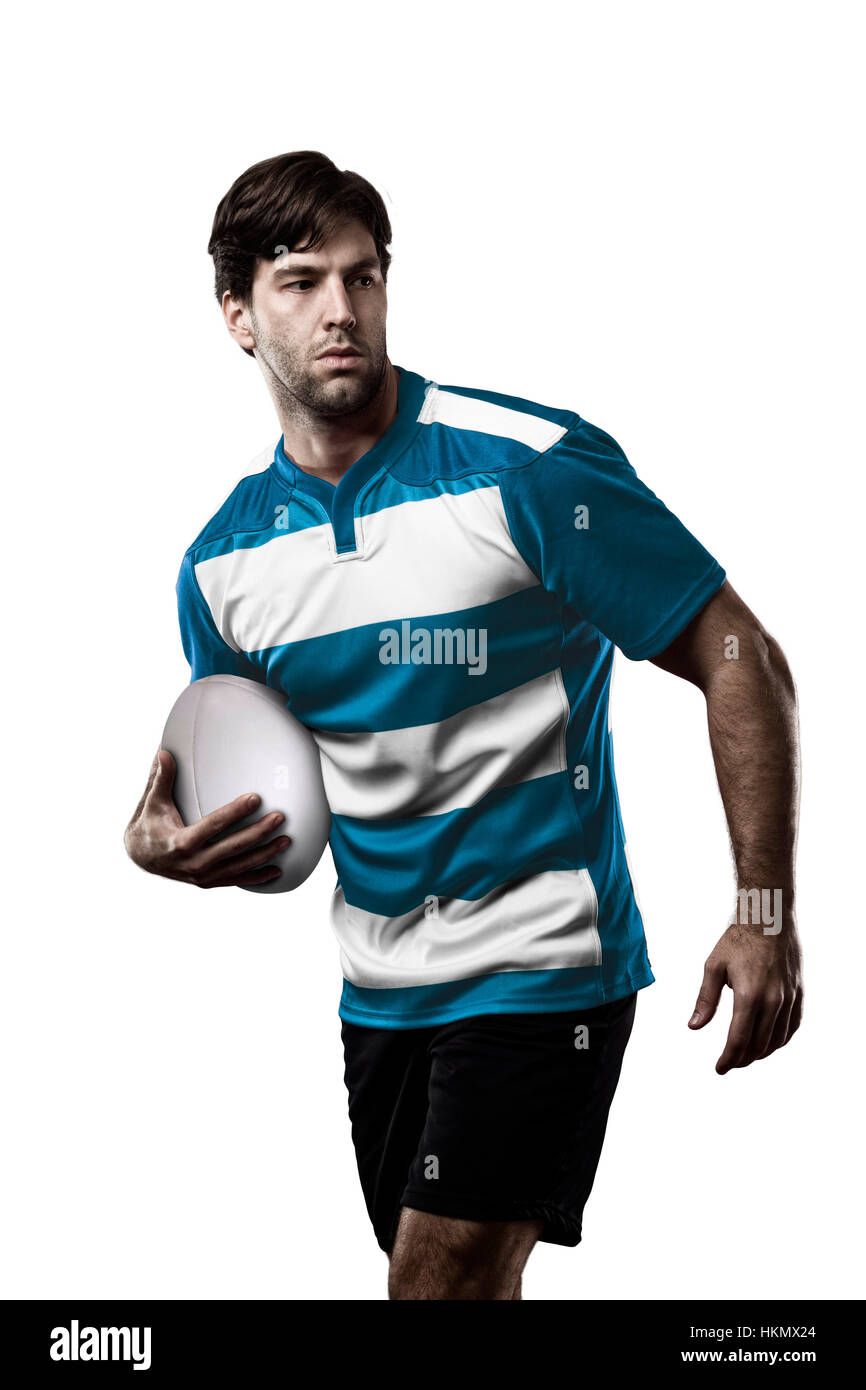 Rugby player in a Blue uniform. White Background Stock Photo - Alamy