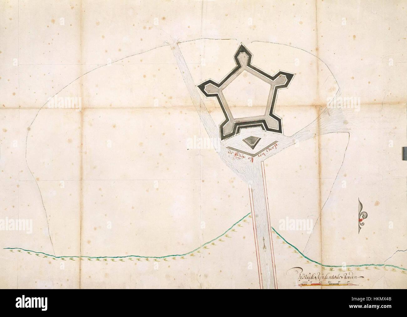 A historical drawing depicting the ground plan of a fort located on the ...