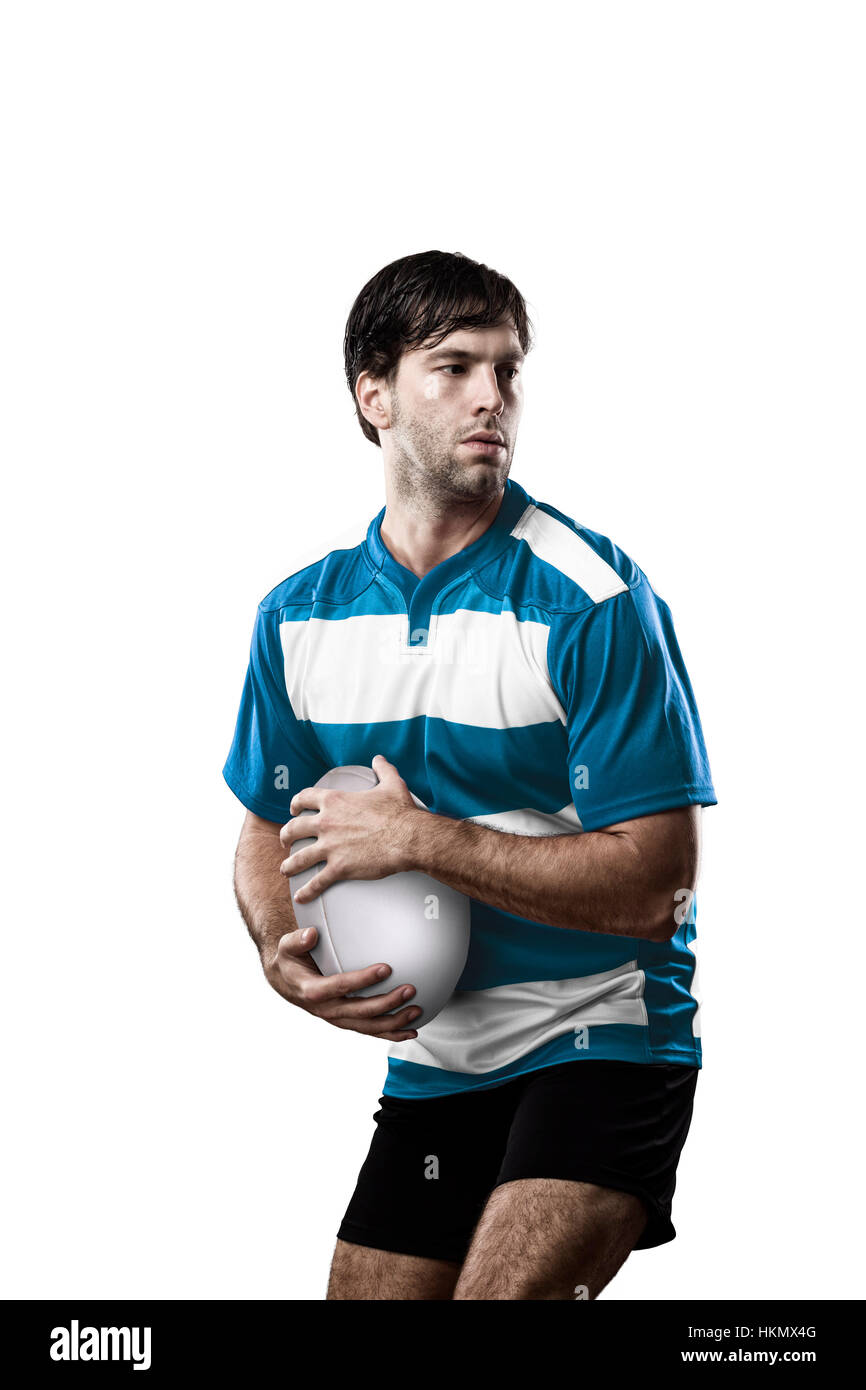 Rugby player in a Blue uniform. White Background Stock Photo - Alamy