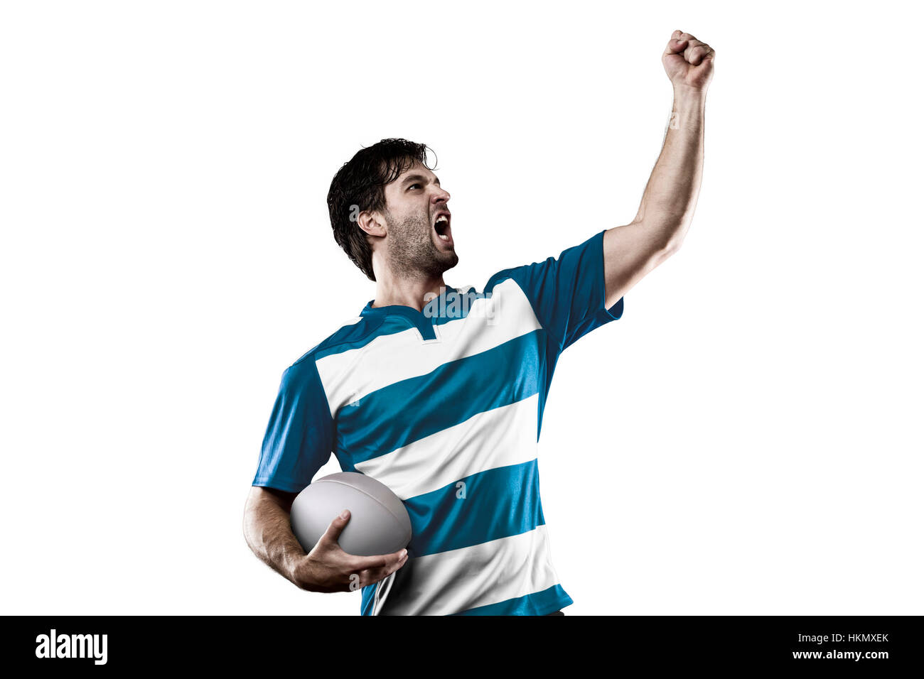 Rugby player in a blue uniform celebrating. White Background Stock ...