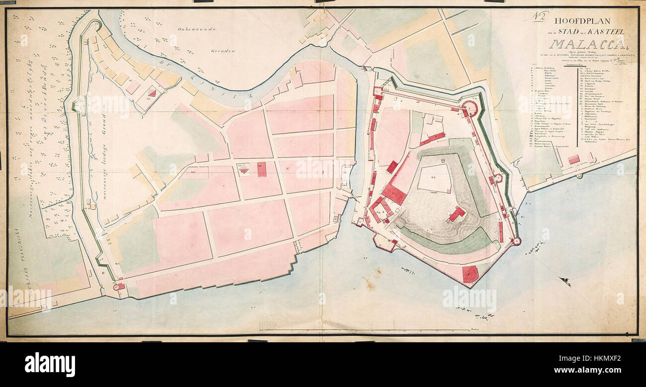 This historical map depicts the city and fortifications of Malakka, an ...