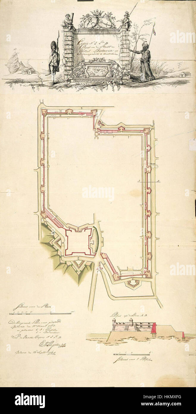 A detailed map and elevation drawing of the castle at Batavia ...