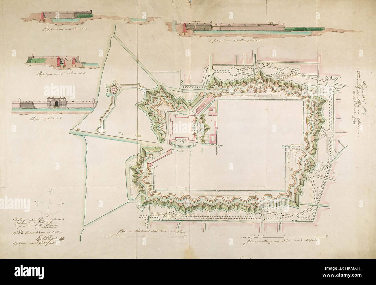 This map depicts the elevations and layout of the castle at Batavia, a ...