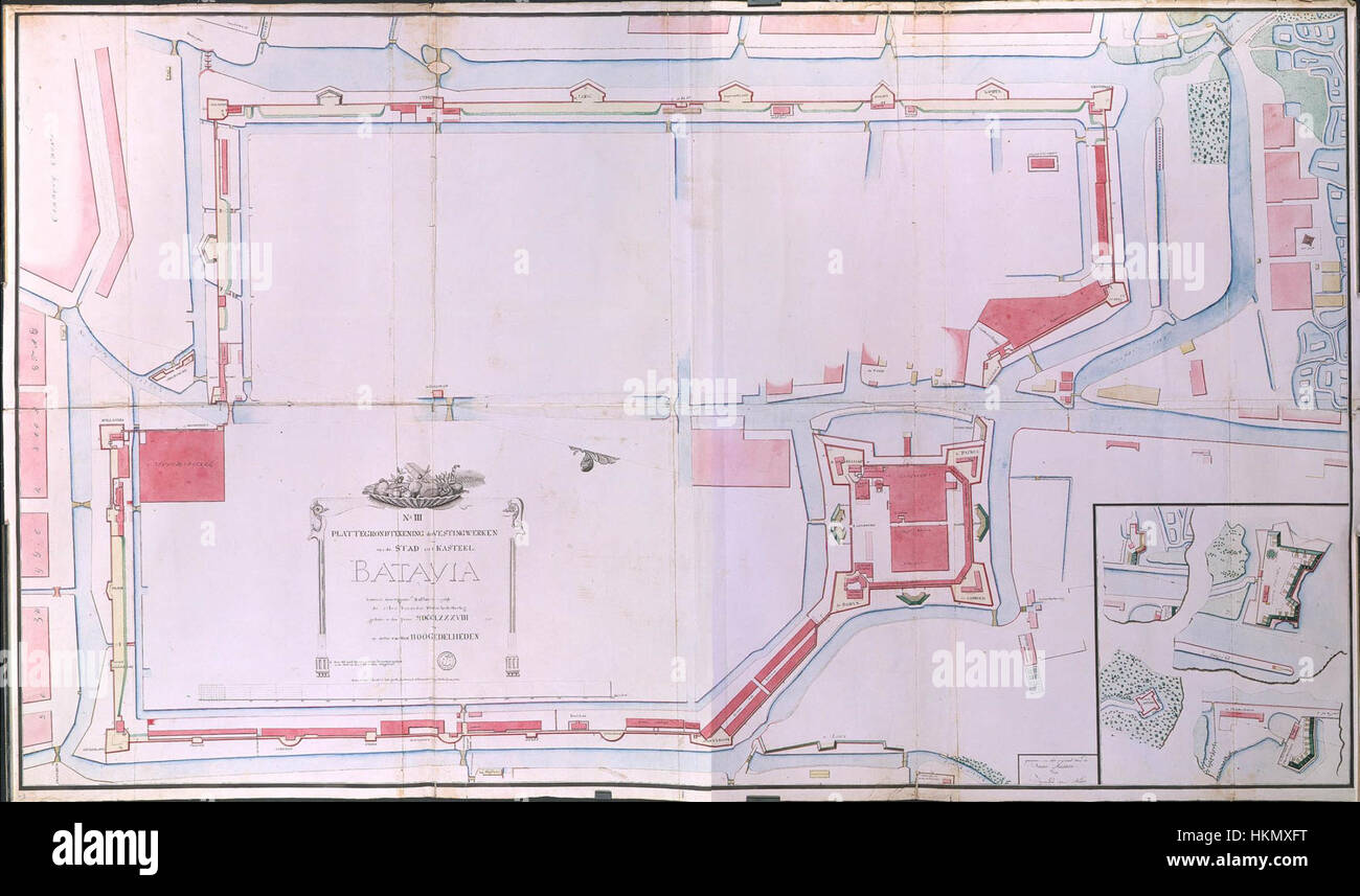 A historic map showing the layout of Batavia (modern-day Jakarta) and ...