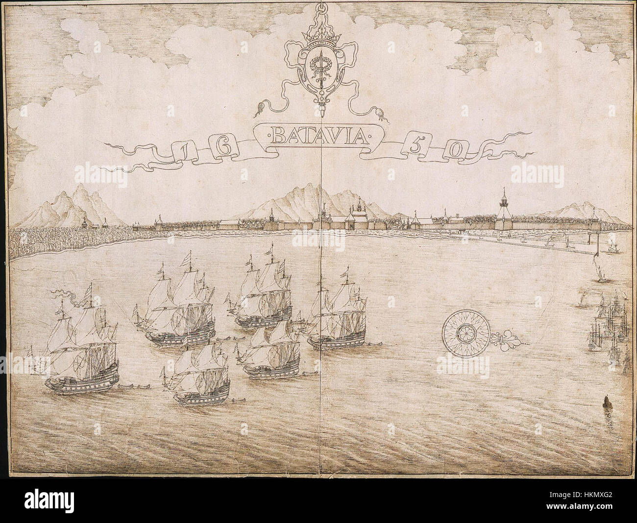 This historical painting offers a view of Batavia, present-day Jakarta ...