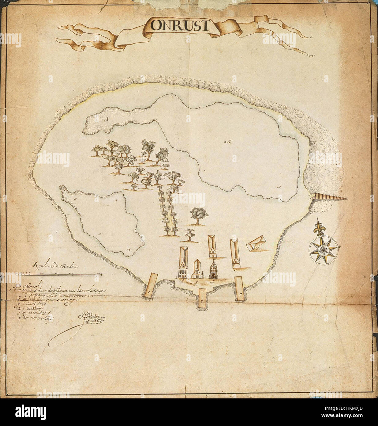 This bird's-eye view map of Onrust depicts the layout of Onrust Island ...