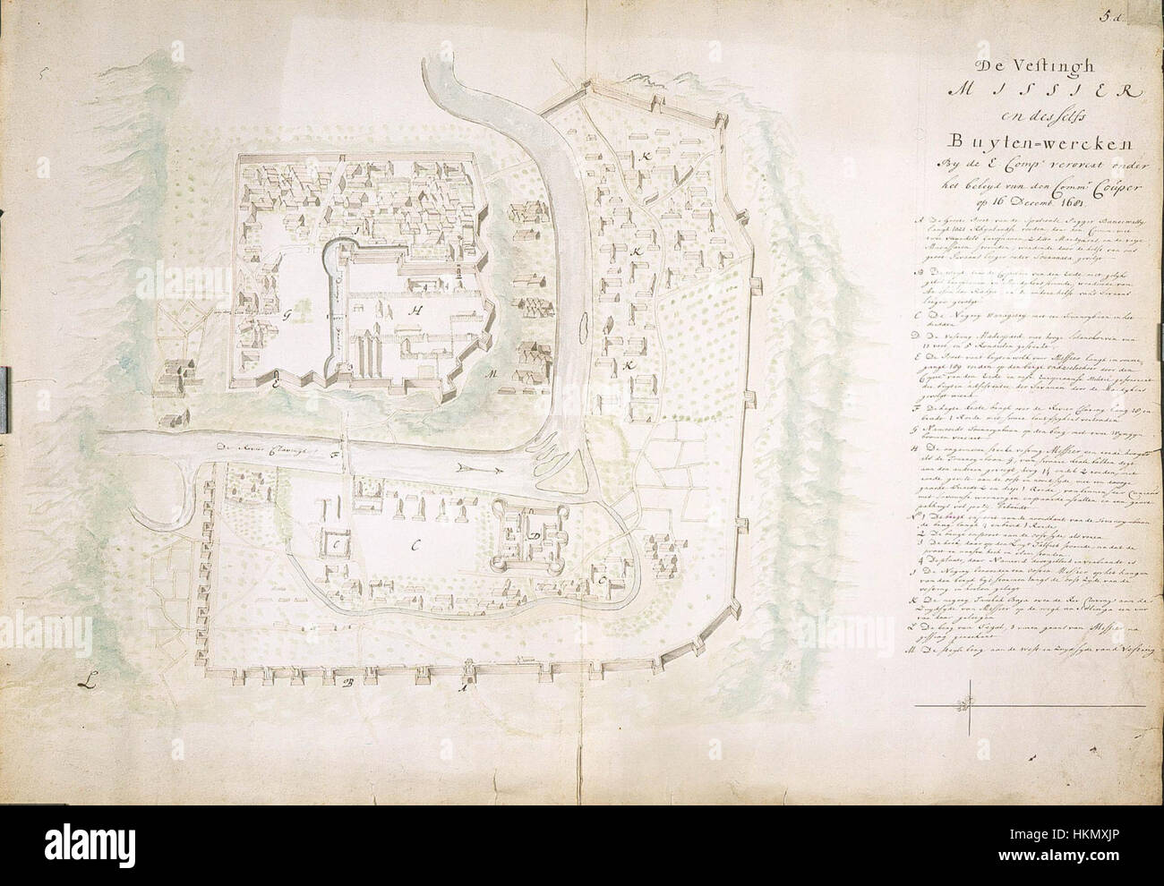 A bird's eye view map of the fort at Missier, showcasing military ...