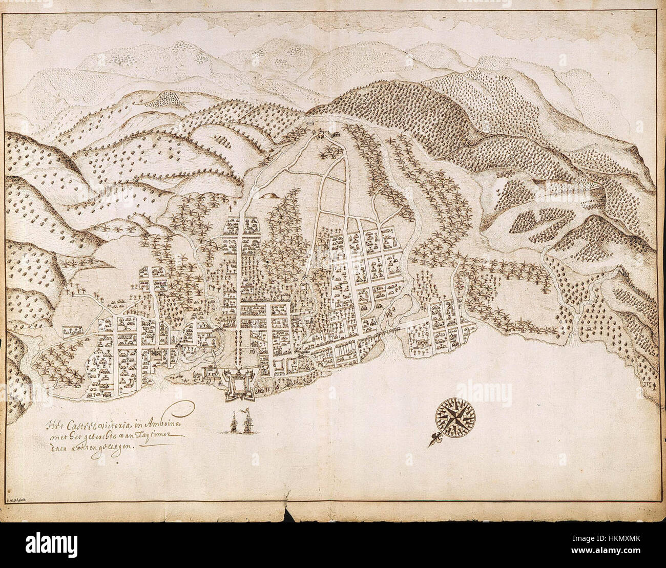 This bird's-eye view map of Amboina offers a detailed, aerial ...