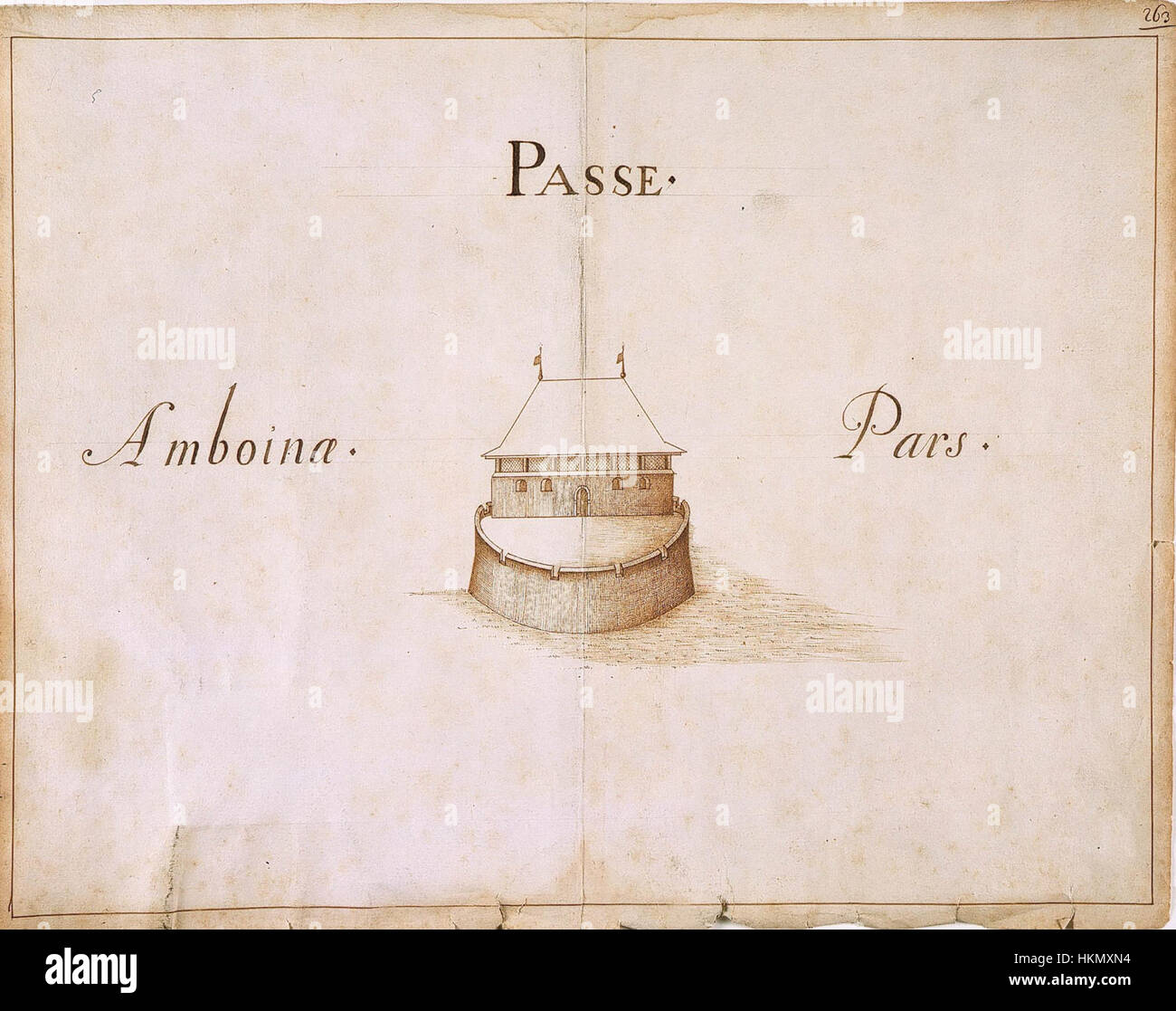 The artwork depicts the Passe redoubt at Amboina, a historical ...