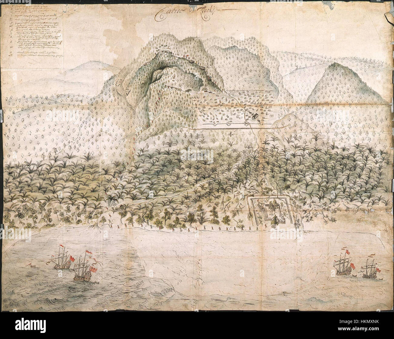 This historical painting depicts the fort at Loki, illustrating ...
