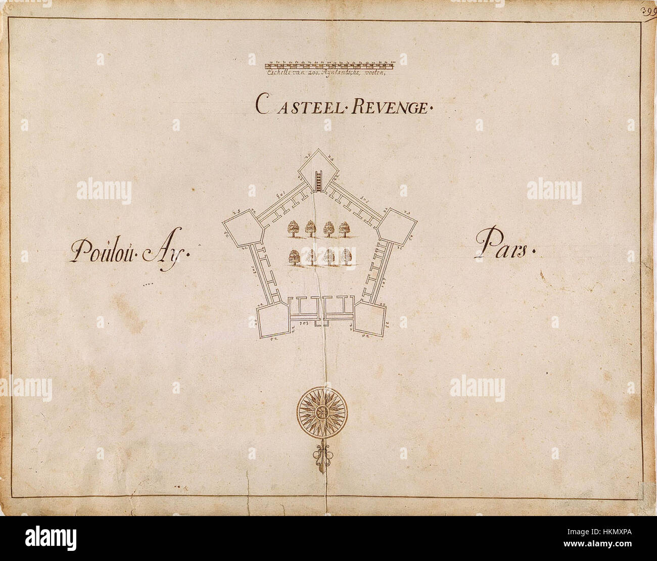 A historical map of Fort Revenge, depicting the fort’s structure and ...