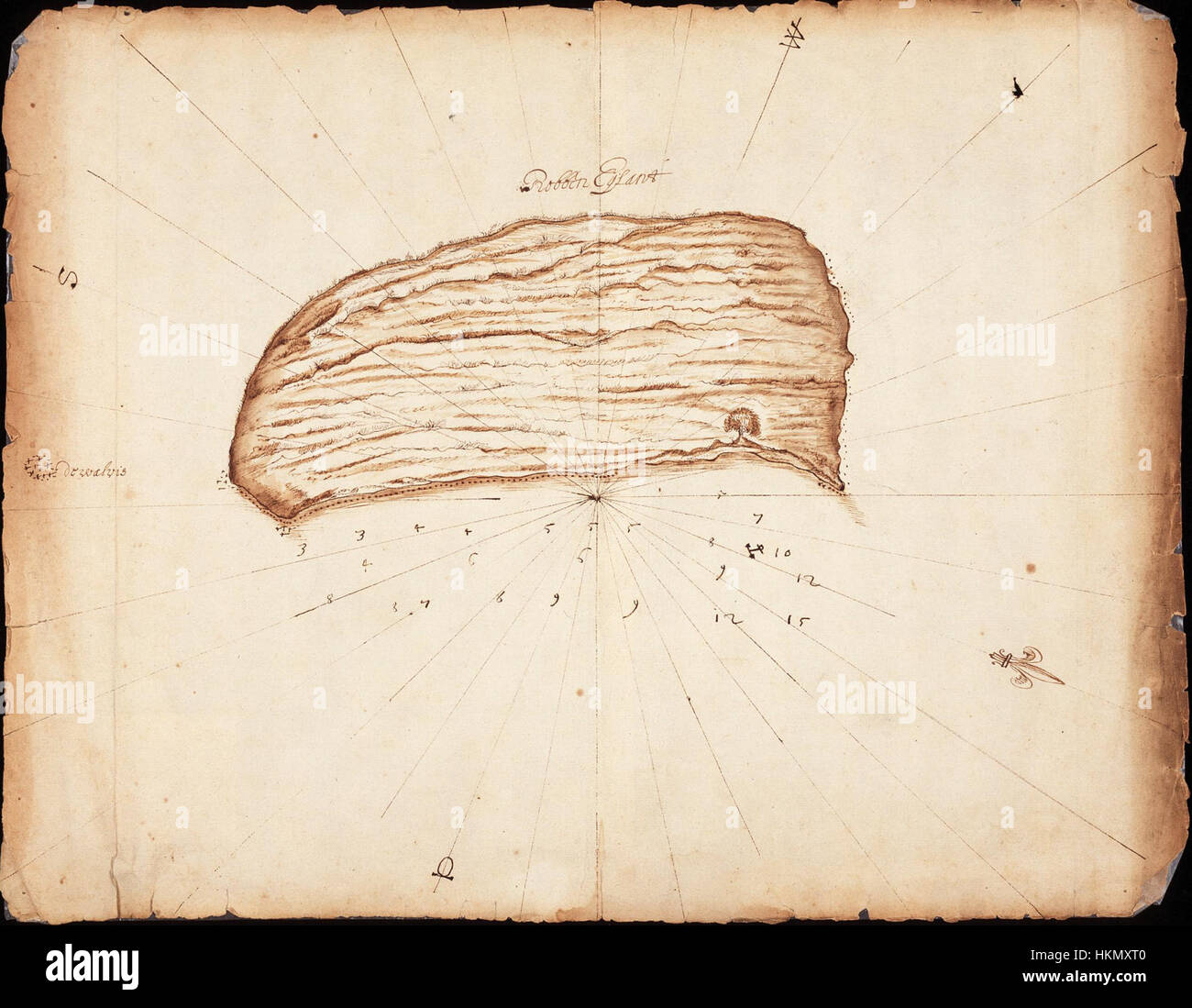 This historical map shows the layout of Robben Island, a significant ...
