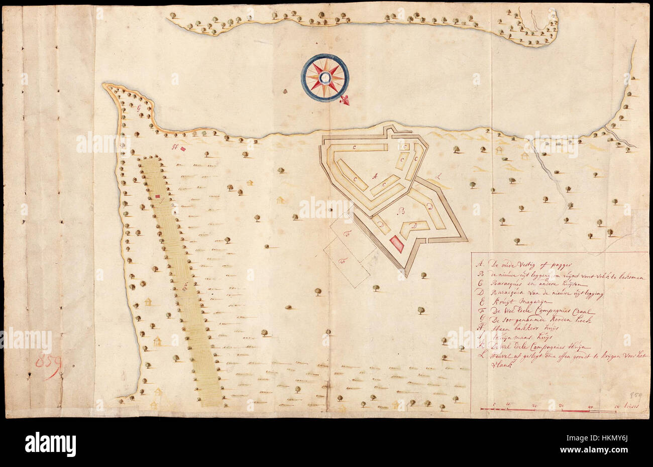 This historical map shows the plan for a new fort at Rio de la Goa, a ...