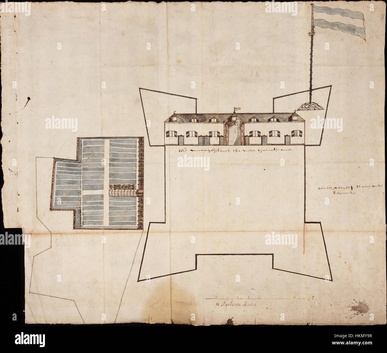 AMH-5416-NA is a historical map and view showcasing a fort and dwelling ...