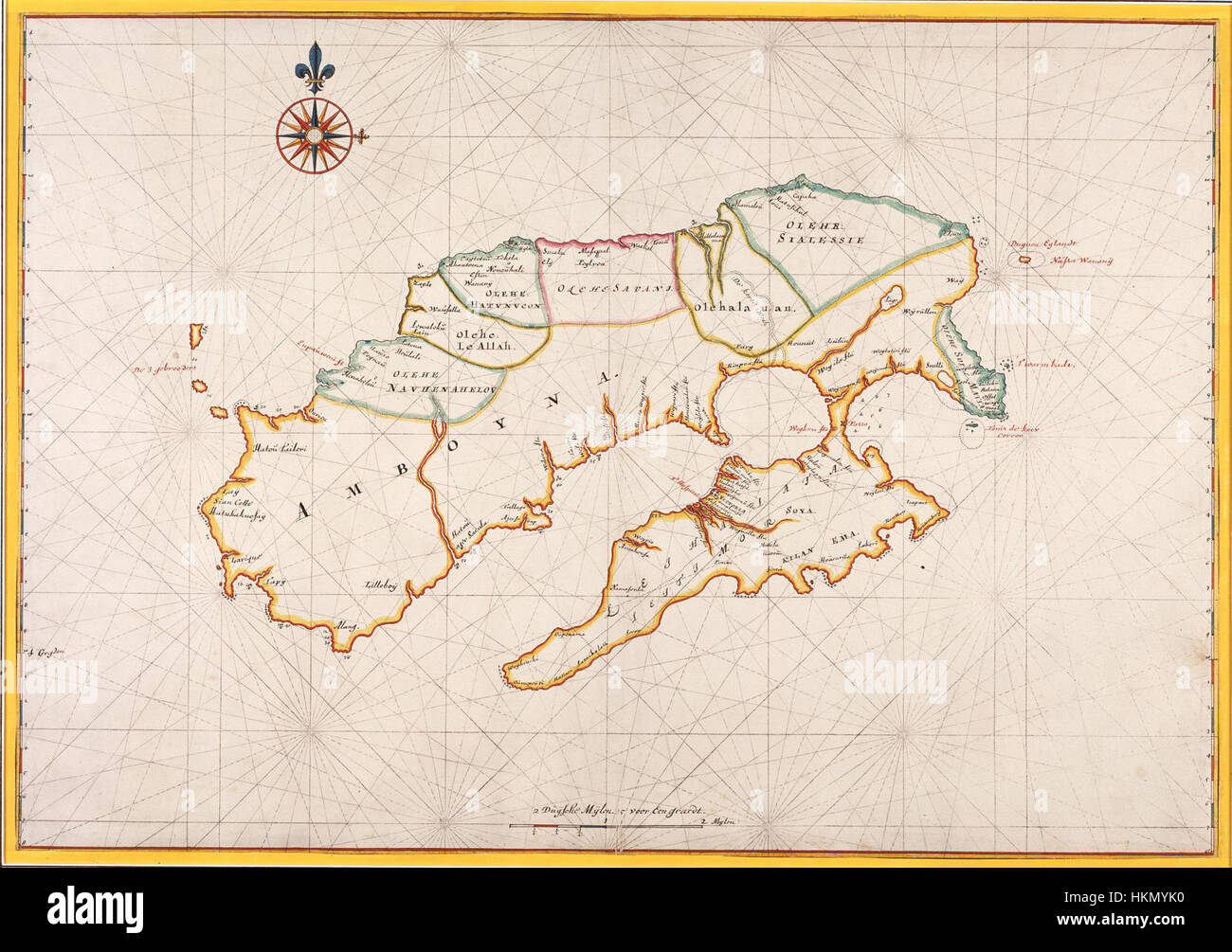 This map of Ambon Island highlights its geographical layout and the ...