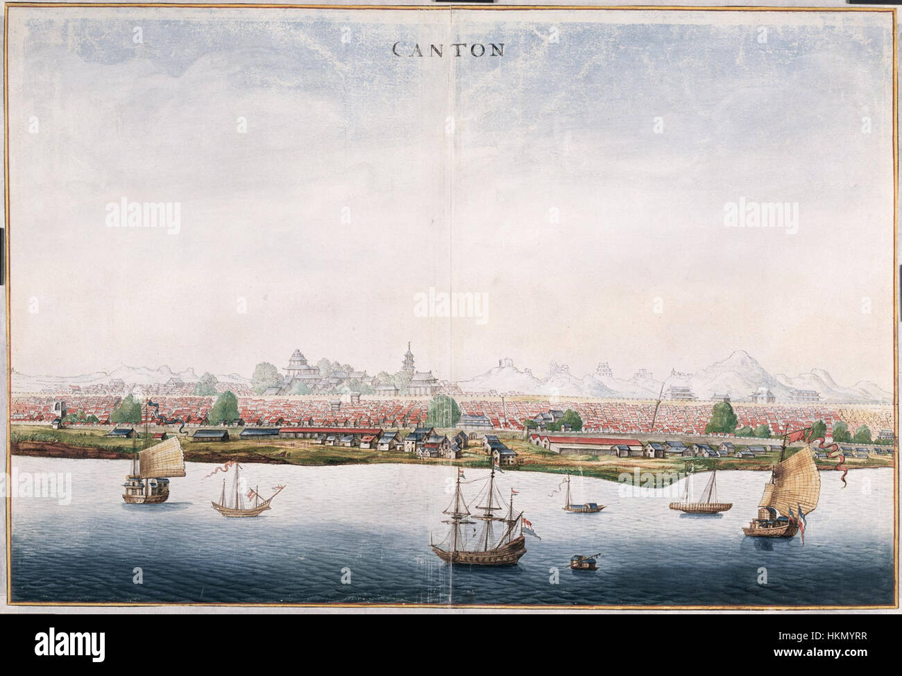 This historical painting shows a view of Canton (now Guangzhou), China ...