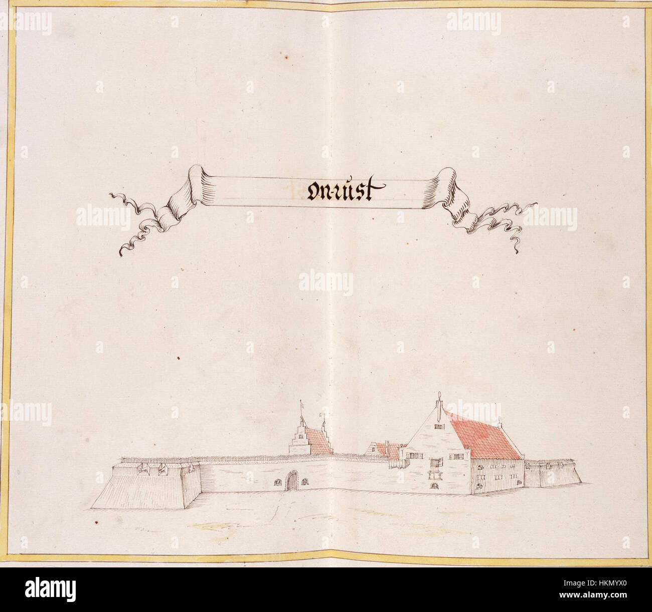 The painting 'View of the fort at Onrust' depicts the fort on Onrust ...