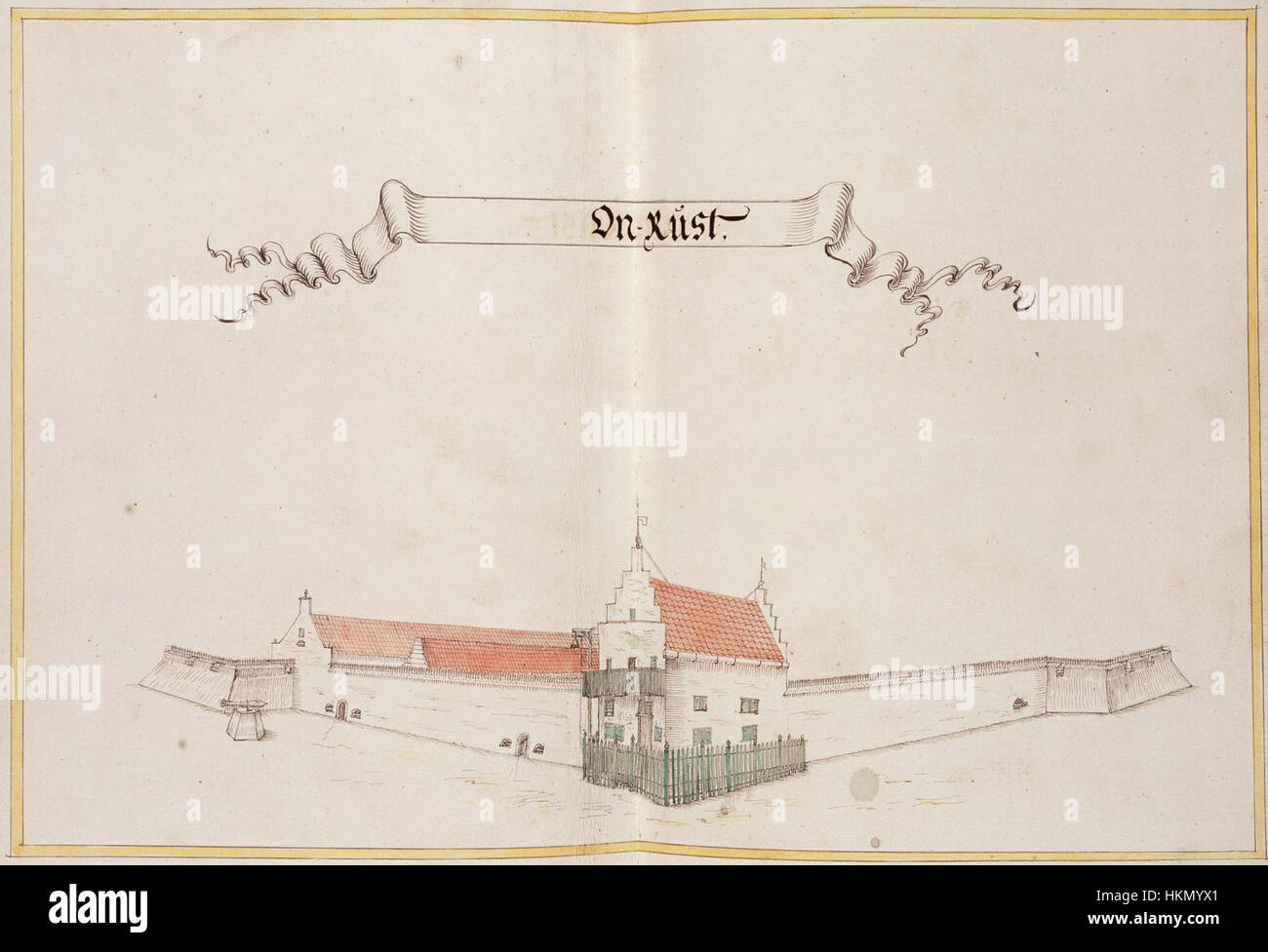 This historical painting depicts the view of the fort at Onrust Island ...