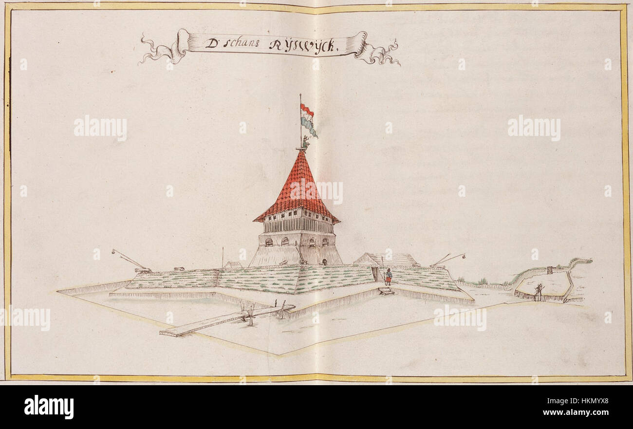 A painting depicting the Rijswijk redoubt, a fortification from the ...