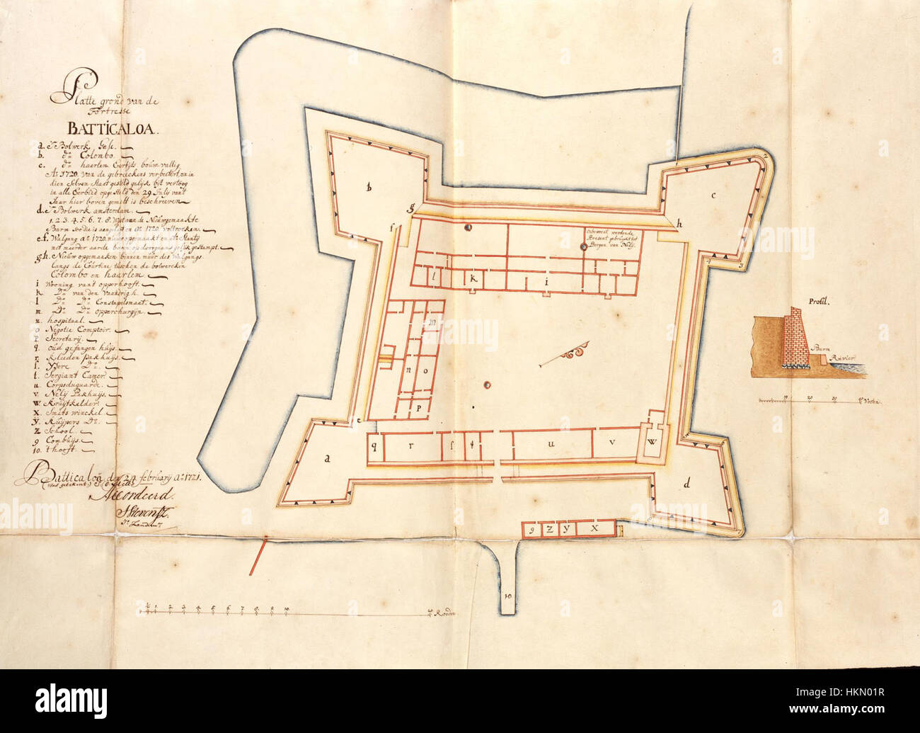 This historical map illustrates the layout of the fort at Baticaloa ...