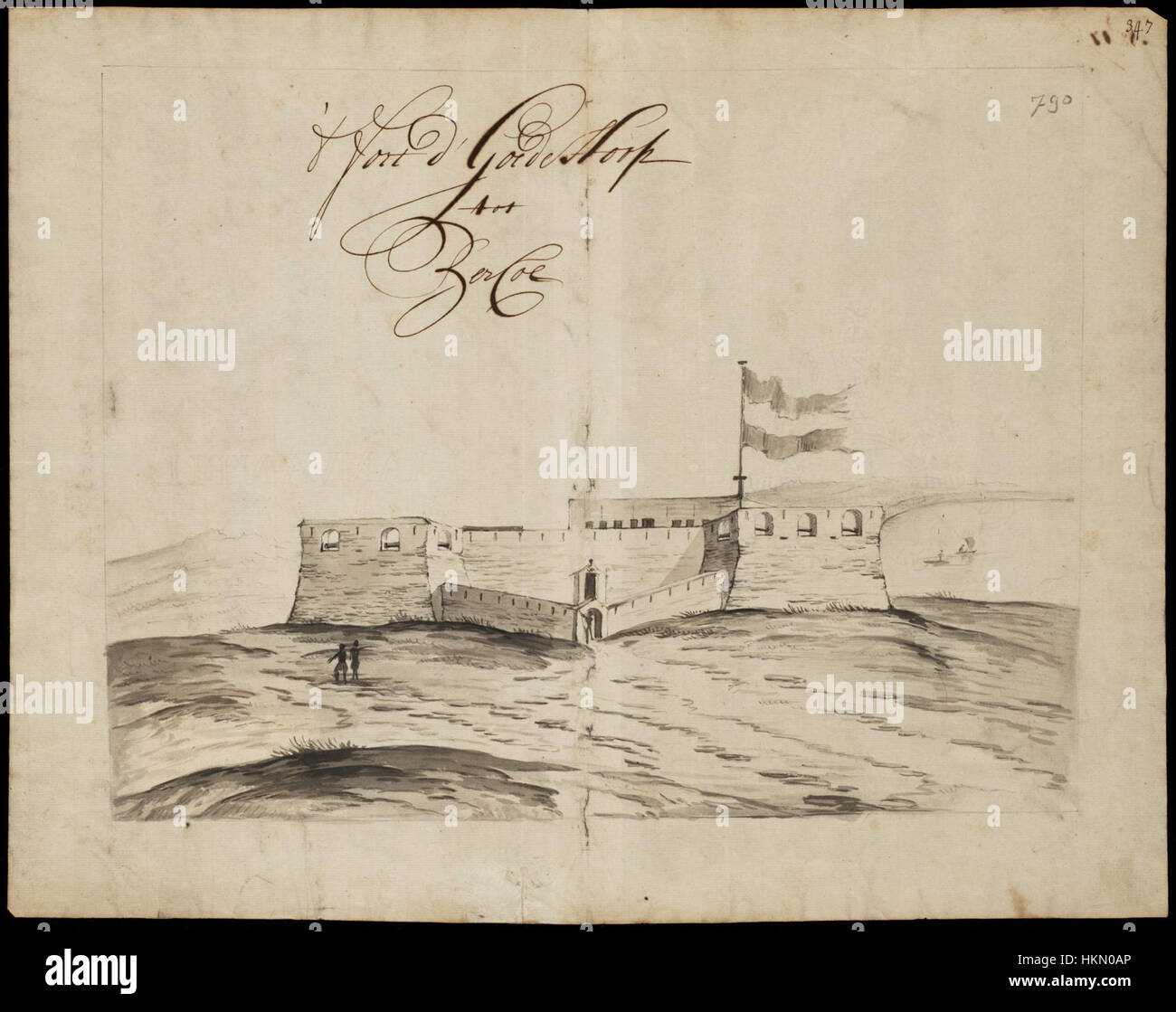 This historical painting, labeled AMH-7732-NA, shows a view of Fort ...