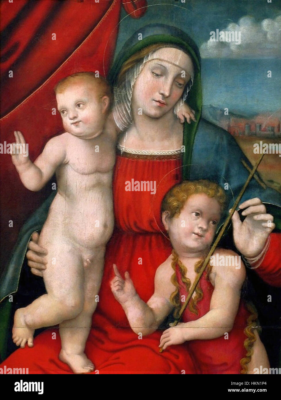 This painting, attributed to an artist from the Francia school, depicts the Virgin Mary holding ...