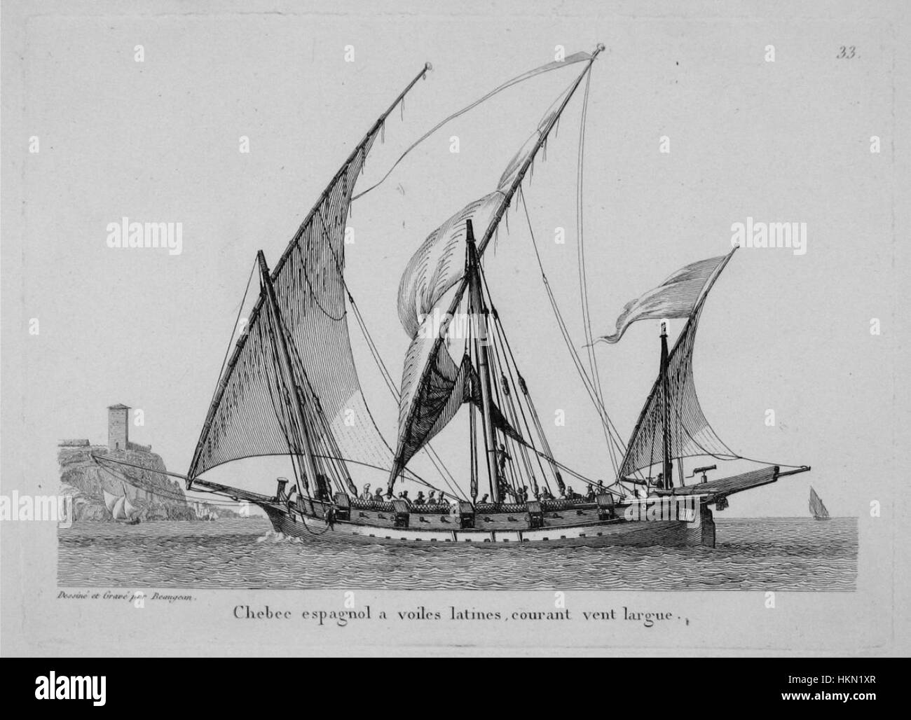 A painting depicting a Spanish Chebec (a type of ship) by Baugean ...