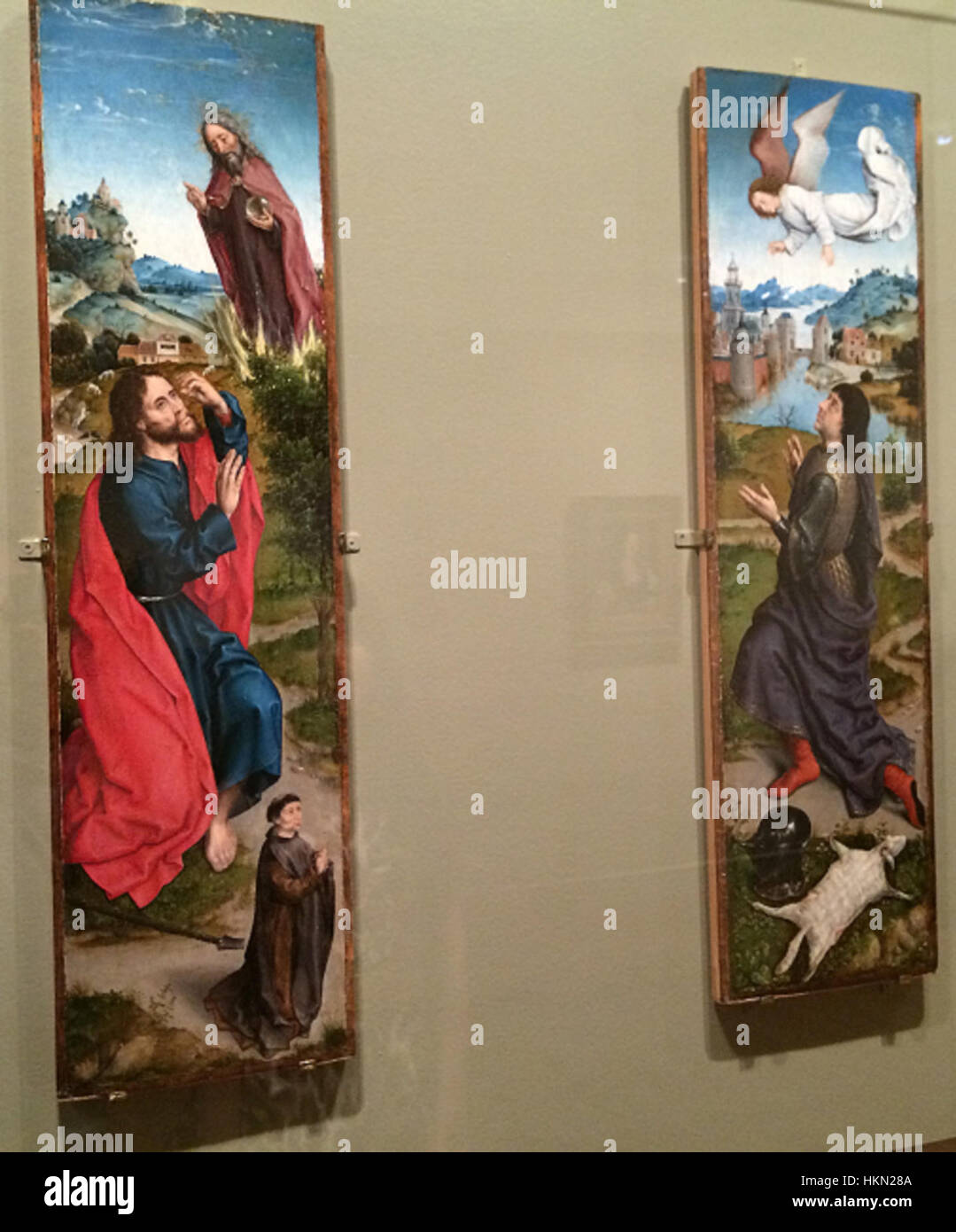 An oil painting by Aelbrecht Bouts, showing two wings of an altarpiece. The artwork features ...