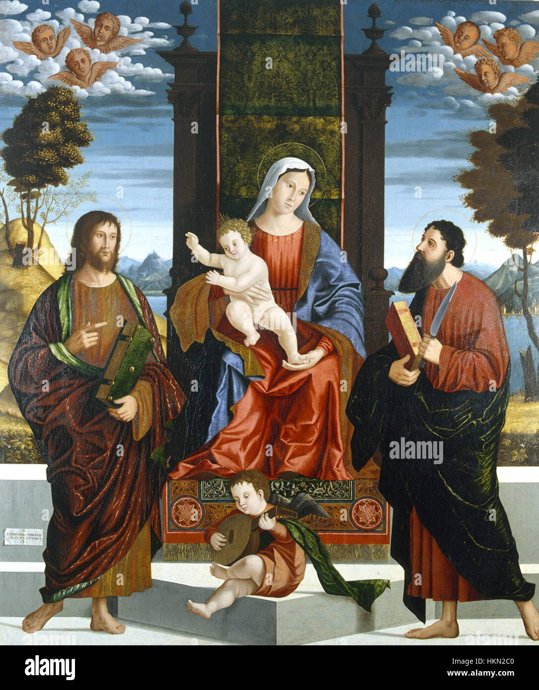 'Vergine tra santi Bartolomeo e Tommaso' by Benedetto Carpaccio depicts the Virgin Mary between ...