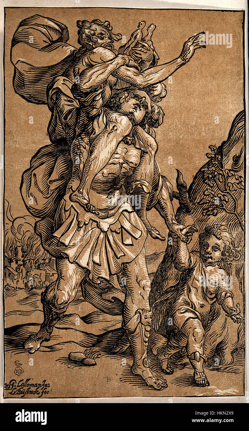 This image depicts Aeneas, the Trojan hero, carrying his father ...