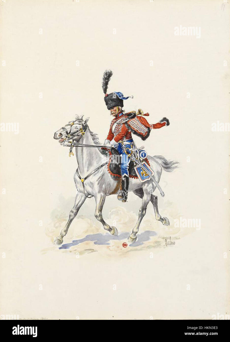 This historical painting from 1809 shows a soldier from the 1st Hussars regiment, depicted in ...