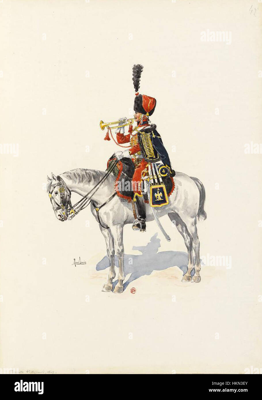 The painting 'Trompette du 4e Hussards' from 1809 portrays a French cavalry trumpeter of the 4th ...