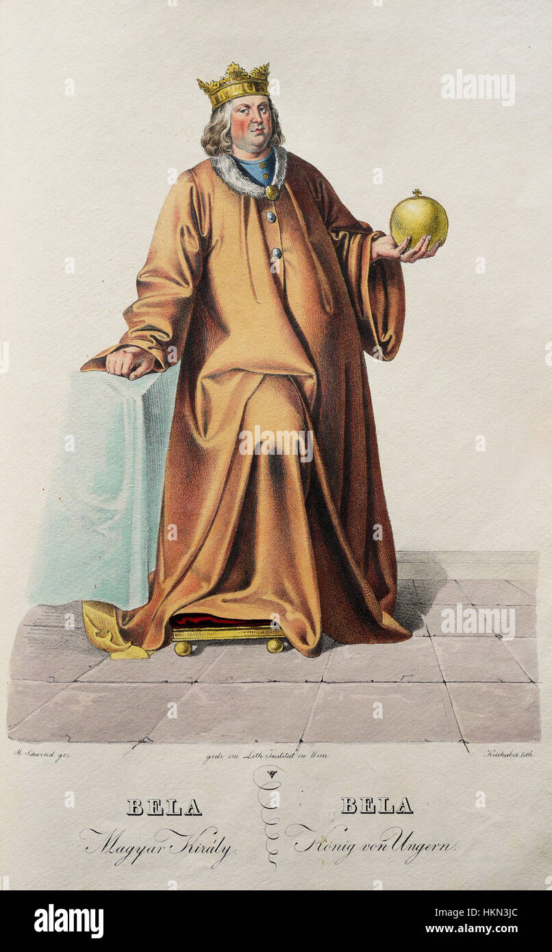 This lithograph depicts Bela I, the King of Hungary, showcasing the ...