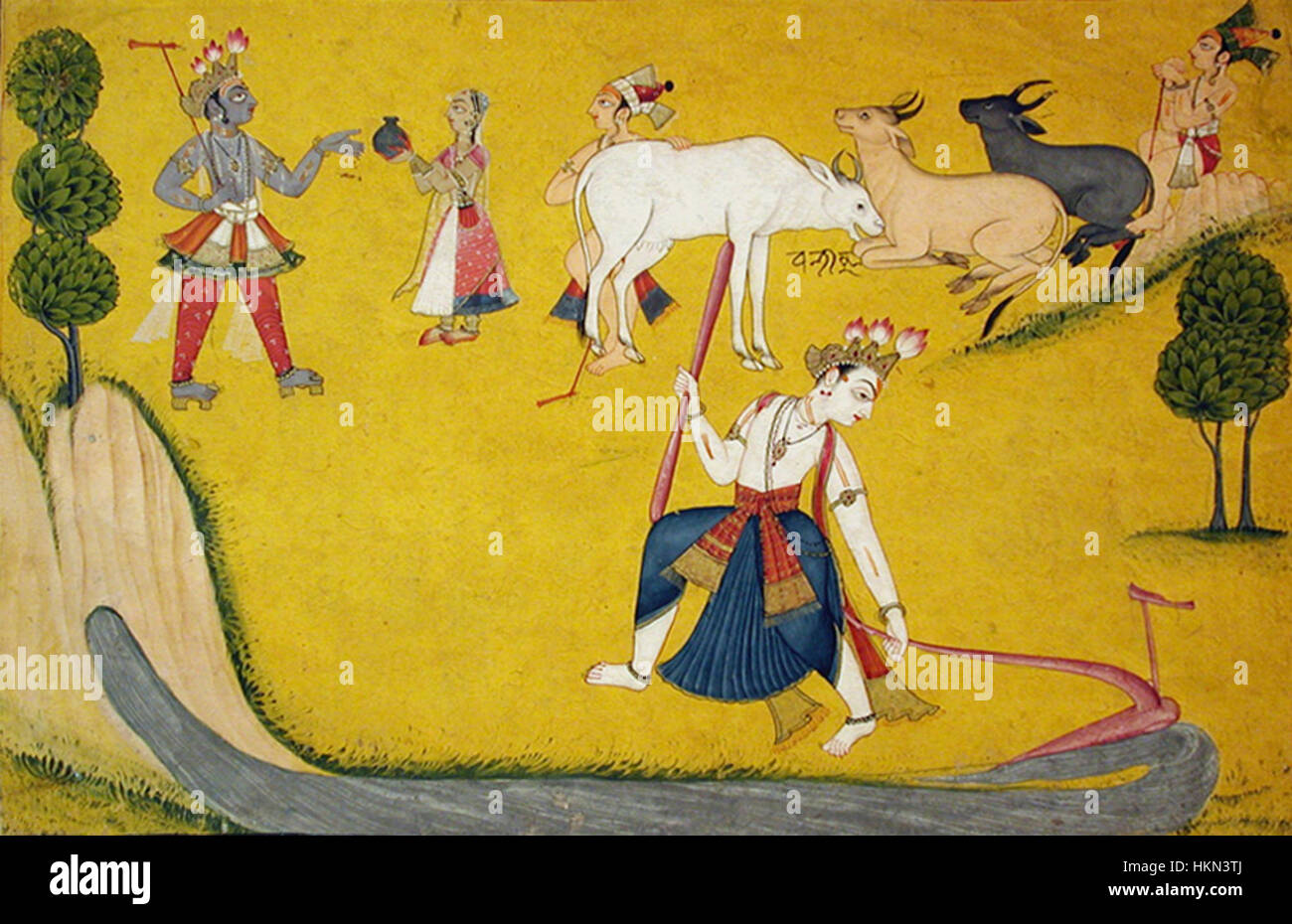 A painting depicting Balarama, a figure from Hindu mythology, changing ...