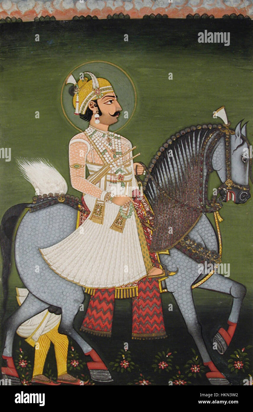 This artwork portrays a thakur (nobleman) from Jhilai riding a horse ...