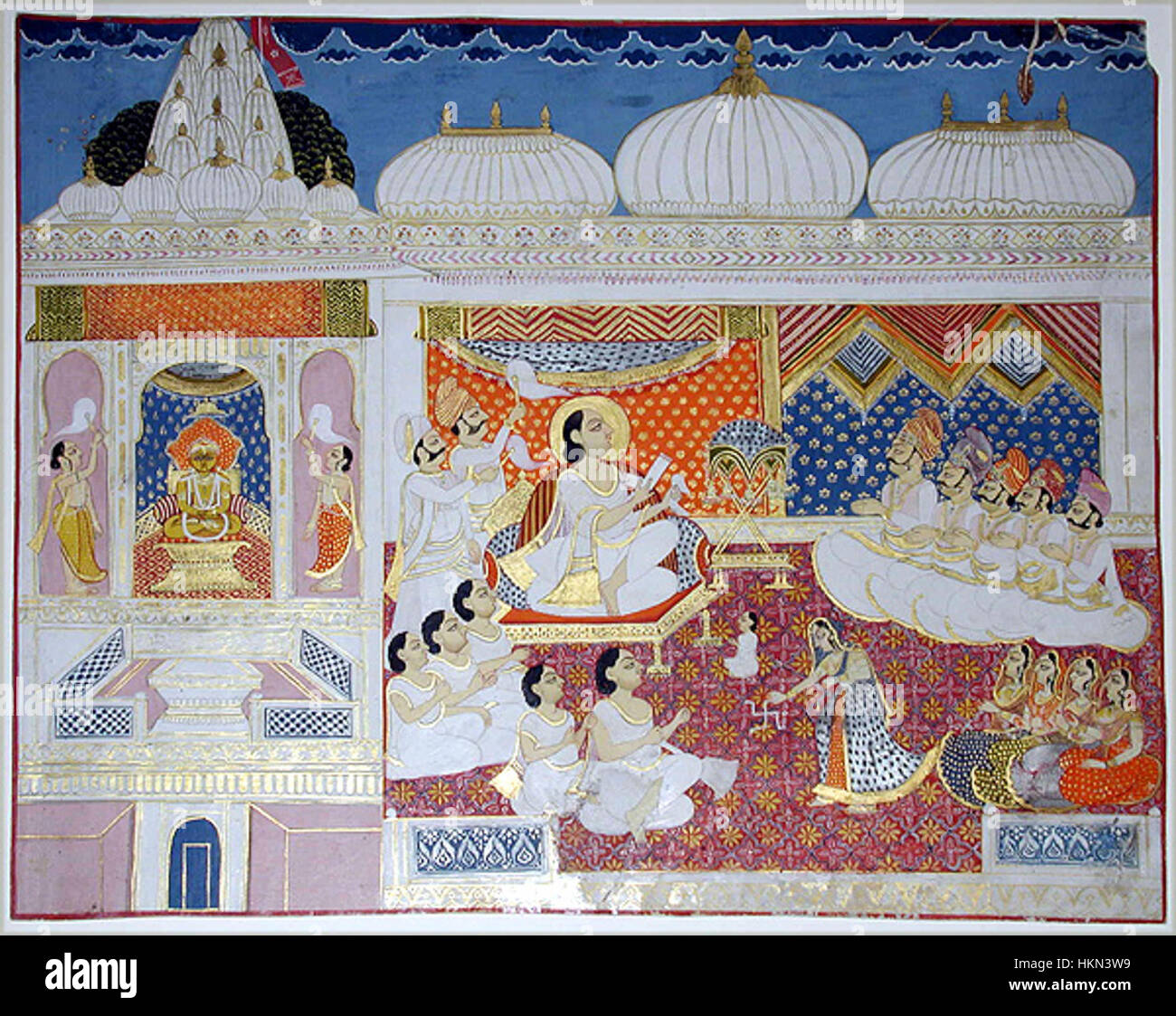This artwork depicts a sacred scene within a Jain temple, illustrating ...