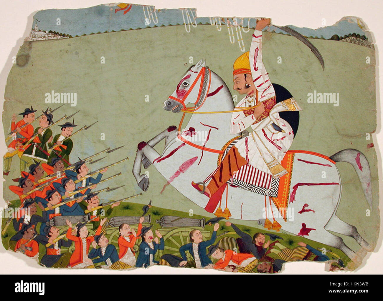 The artwork 'A Thakur Fighting Europeans' depicts a battle between a ...