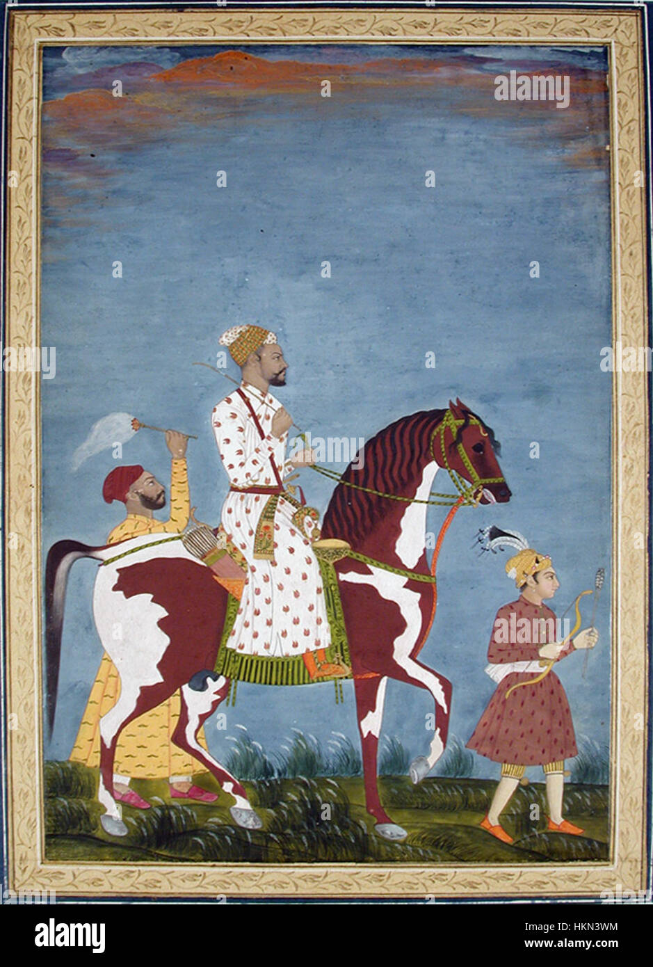 This painting depicts a Muslim nobleman riding a dappled stallion ...