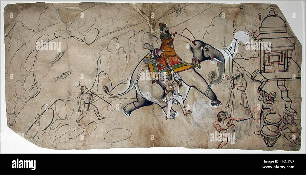 This artwork depicts a Muslim holy man riding an elephant as he ...