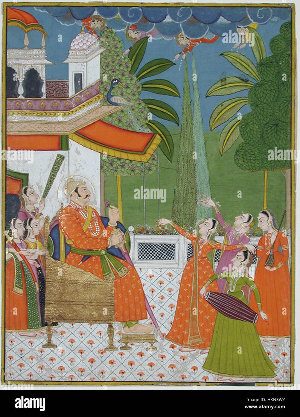 A painting of a raja seated on a throne, surrounded by dancers and ...
