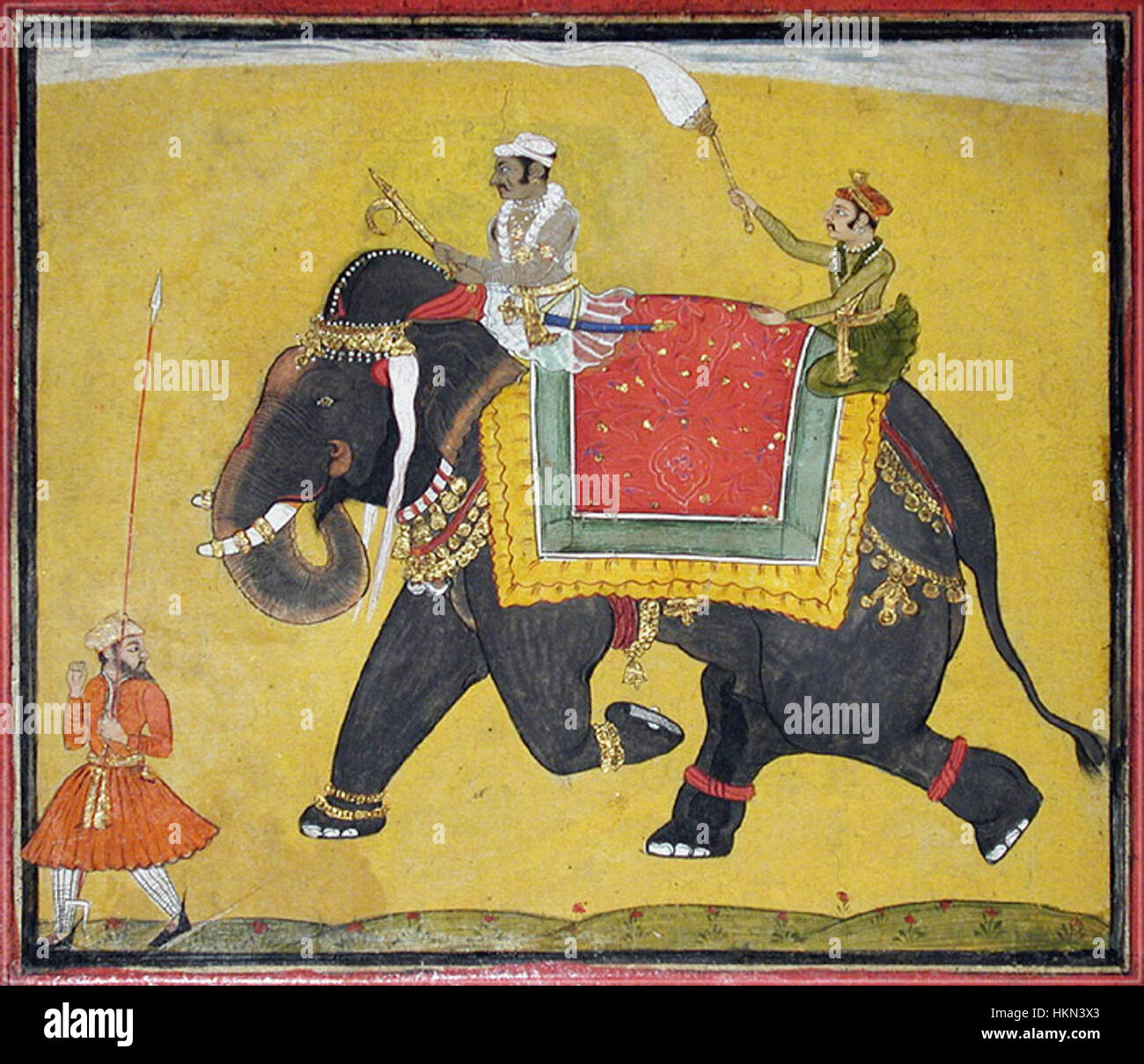 This image depicts a raja, or royal figure, riding an elephant, a ...