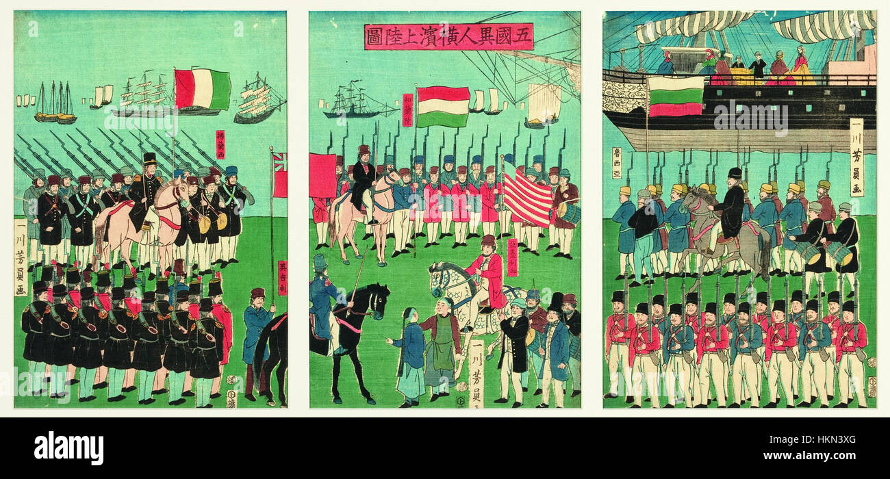 The painting 'Arrival of Five Nations at Yokohama' captures a moment of ...