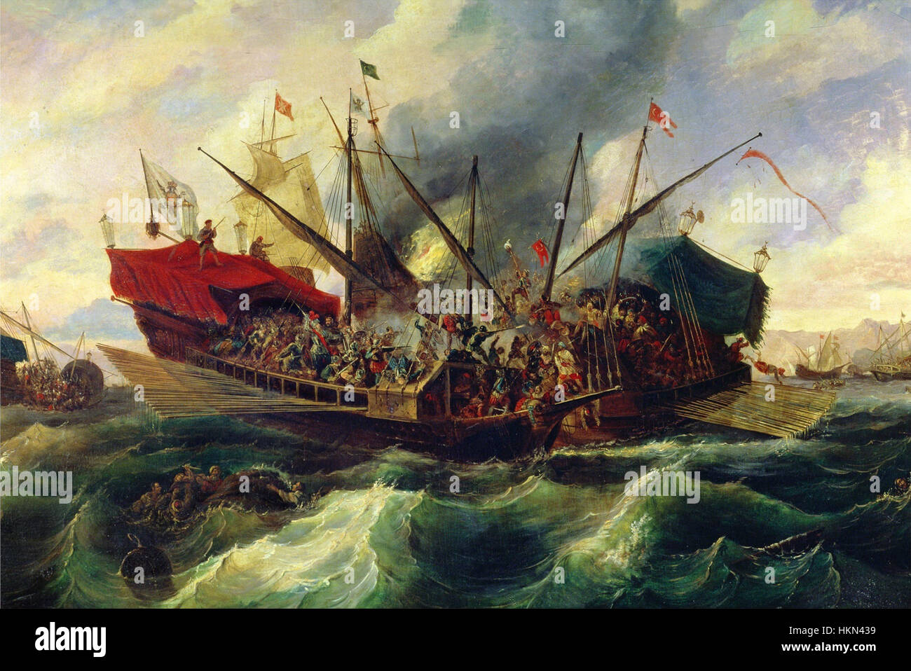 This painting by Antonio Brugada depicts the Battle of Lepanto, a ...