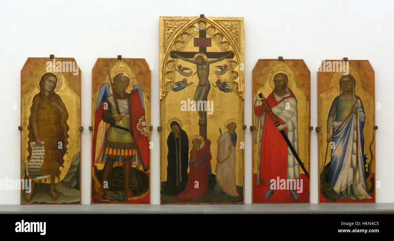 This tempera painting by Bernardo Daddi and Puccio di Simone, depicting the Crucifixion with ...