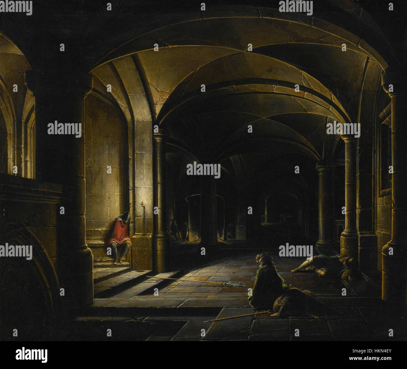 This painting depicts a prison interior, focusing on the scene of ...
